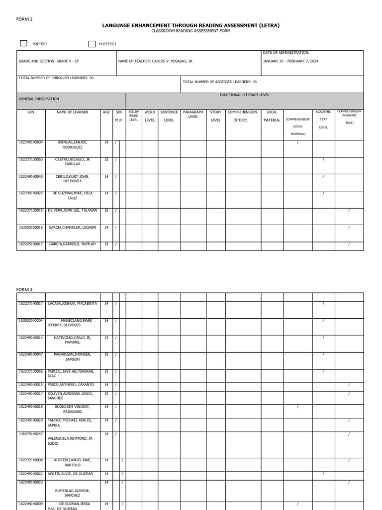 FORM-2_CLASSROOM-READING-ASSESSMENT-FORM | PDF | Behavior Modification ...