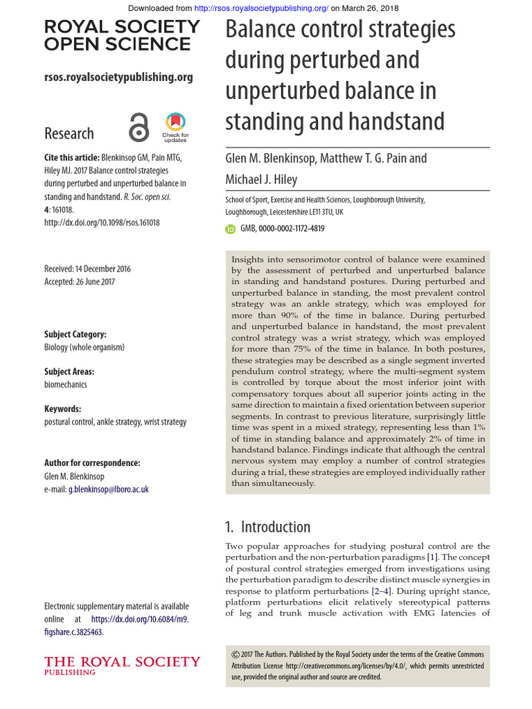 Balance Control Strategies - Handstand | PDF | Force | Kinematics