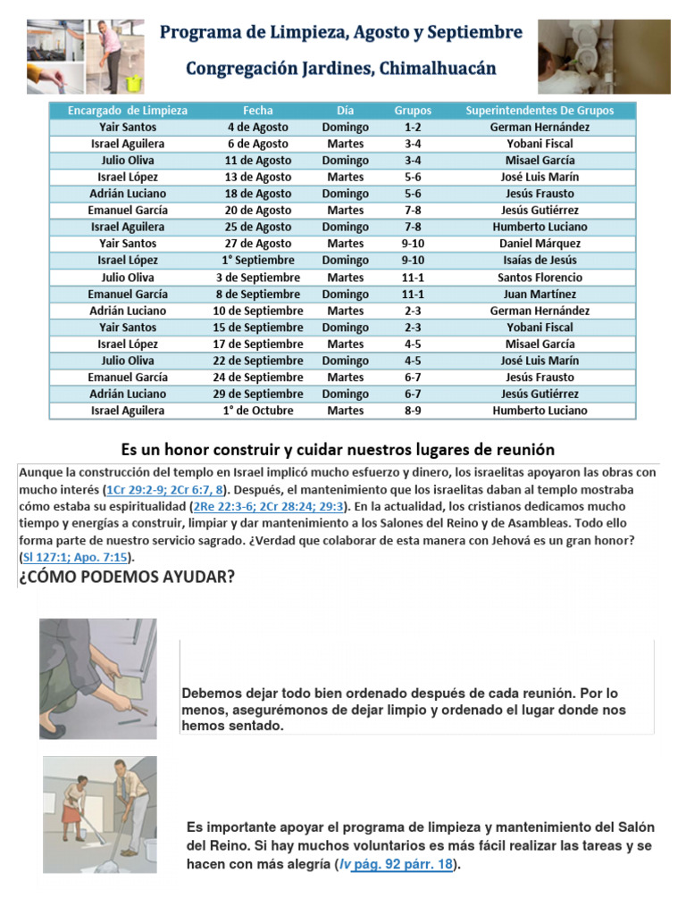 Programa de Limpieza, Agosto y Septiembre | PDF