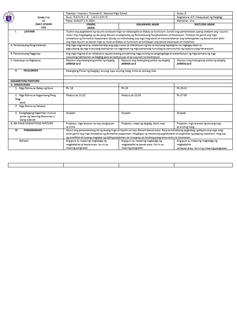ARAL PAN 8 Week 2 | PDF