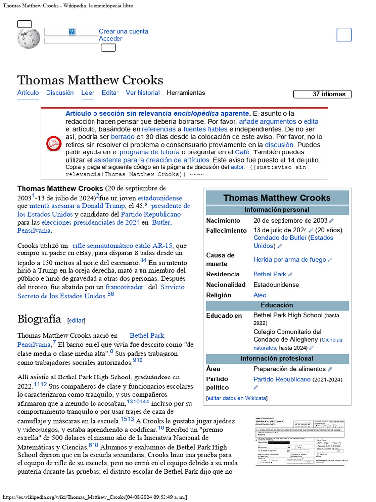 Thomas Matthew Crooks: Biografía y Crimen | PDF | Wikipedia | Donald Trump