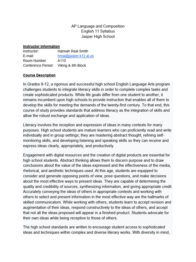 11th Grade American Lit Syllabus | PDF | Literacy | English Studies