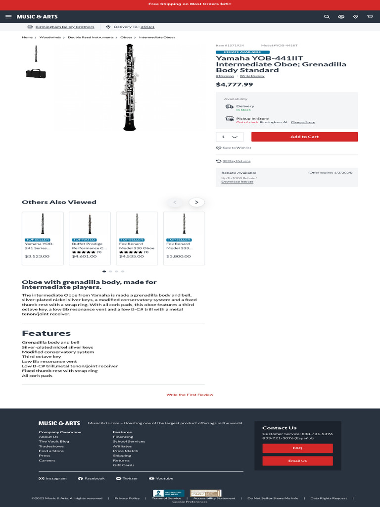 Yamaha YOB-441IIT Intermediate Oboe Grenadilla Body Music & Arts | PDF | Oboe