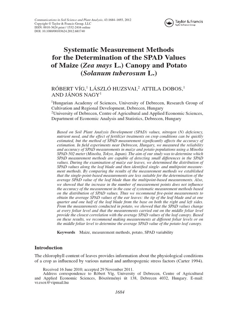 Vig. Systematic Measurement Methods SPAD in Maize and Potato | PDF | Leaf | Variance