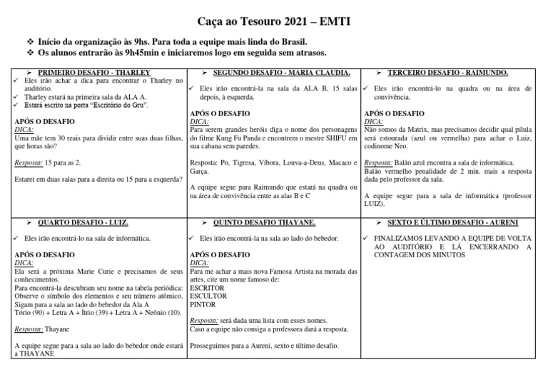 Caça ao Tesouro EMTI 2021: Desafios e Dicas | PDF