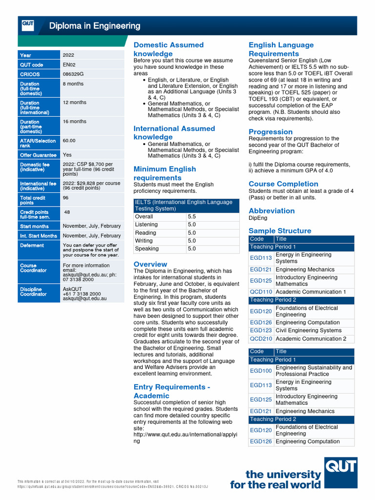 Qut Handbook With My Course Structure | PDF | Engineering | Bachelor's ...