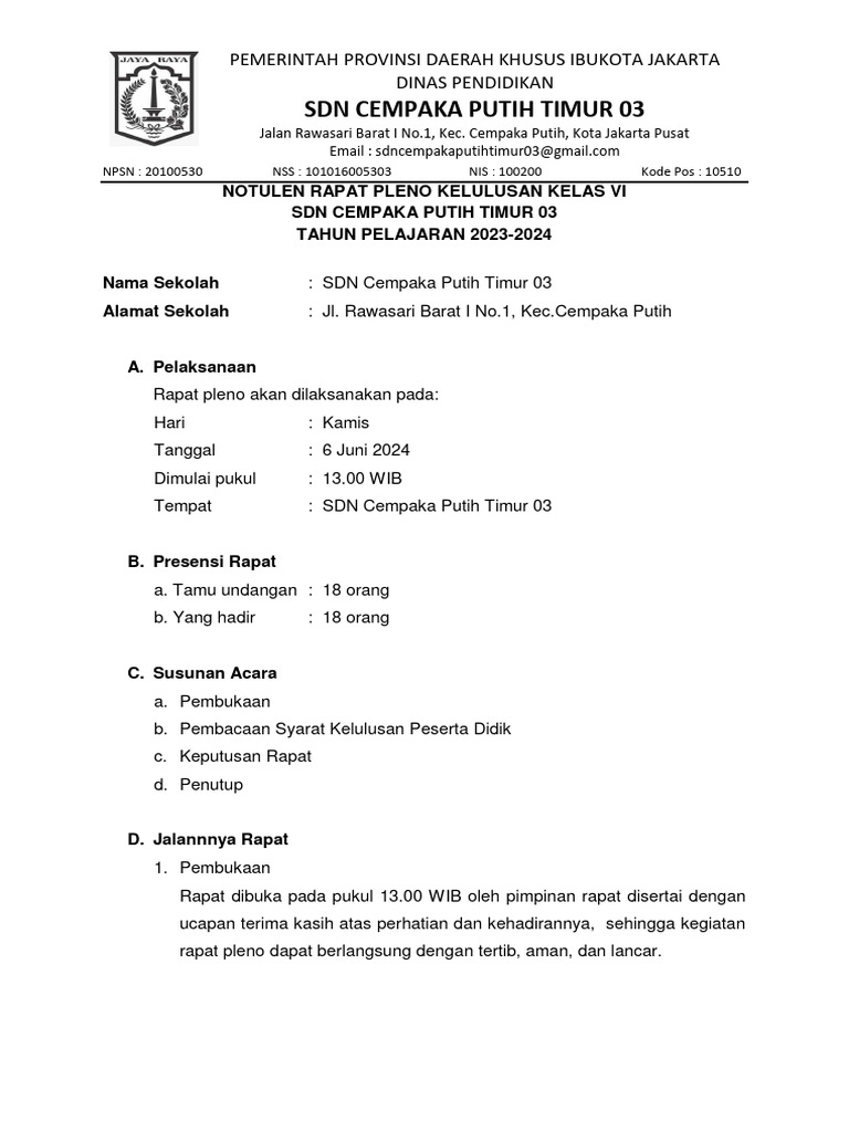 Notulen Rapat Pleno Kelulusan Kelas Vi Ta.2023-2024 | PDF