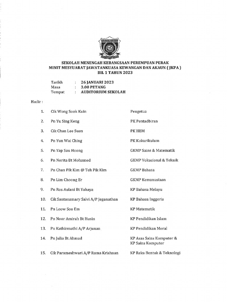 Minit Mesyuarat Kewangan Bil 1 Tahun 2023 | PDF