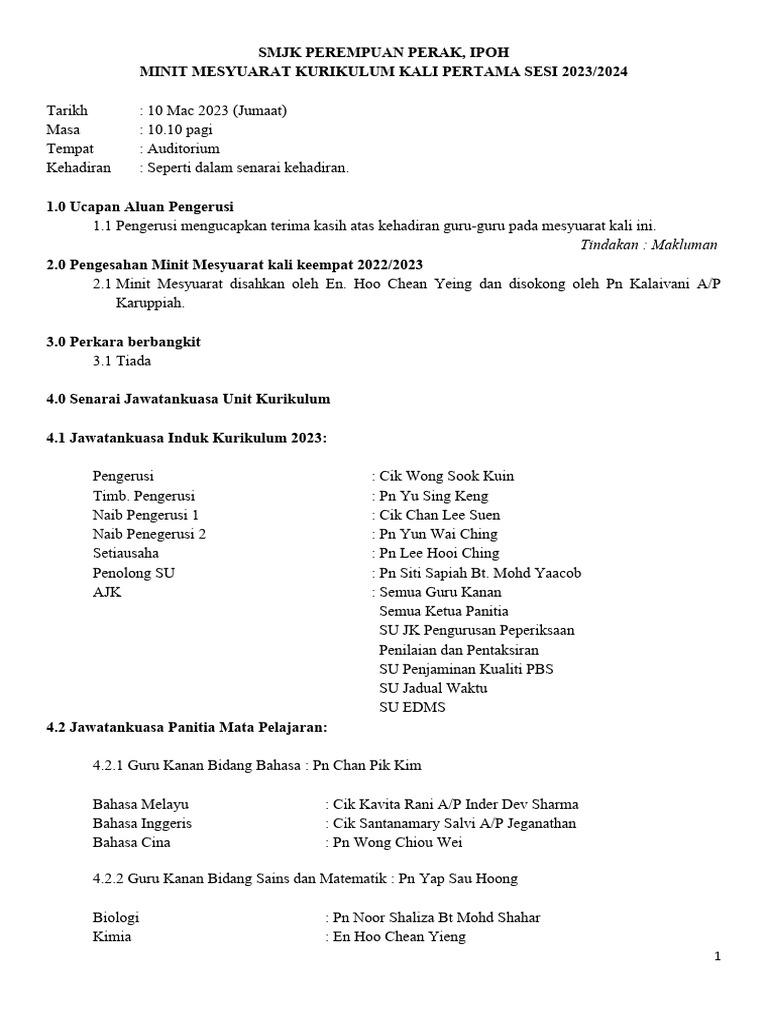 Minit Mesyuarat Kurikulum Bil.1 2023 | PDF