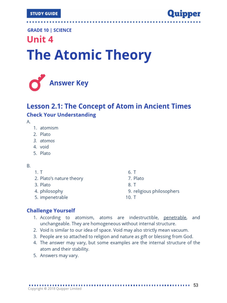 PS SHS Unit Atomic Theory (Answer Key) | PDF | Atomic Nucleus | Atoms