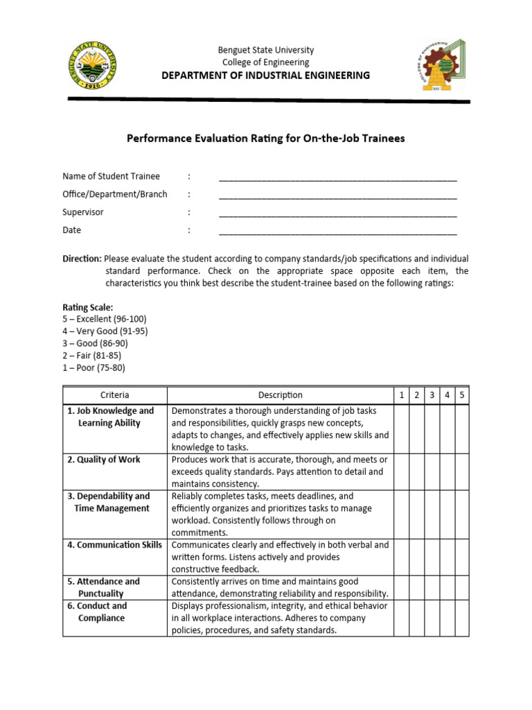 Performance Evaluation Rating For OJ Trainees 1 | PDF | Engineering ...