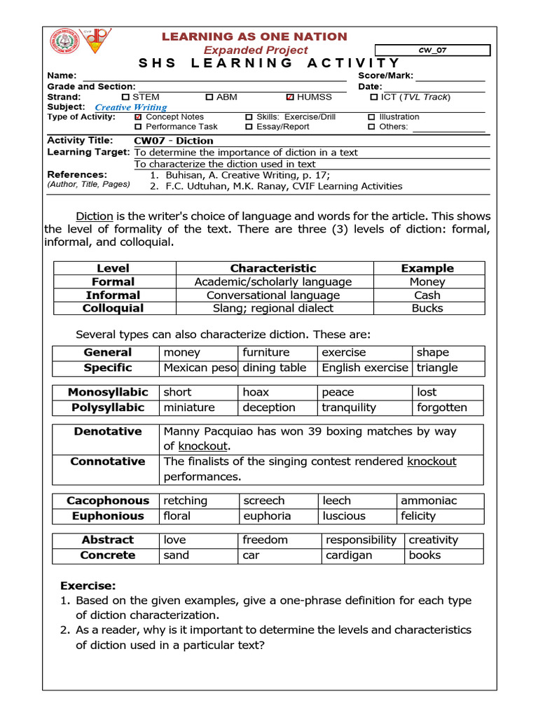 Creative Writing LAS 7 Diction | PDF | Human Communication | Linguistics