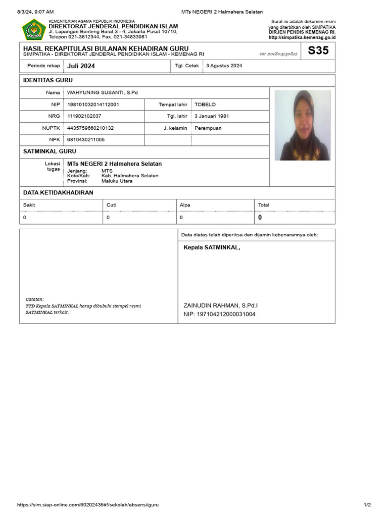 Rekap Kehadiran Guru Juli 2024 | PDF