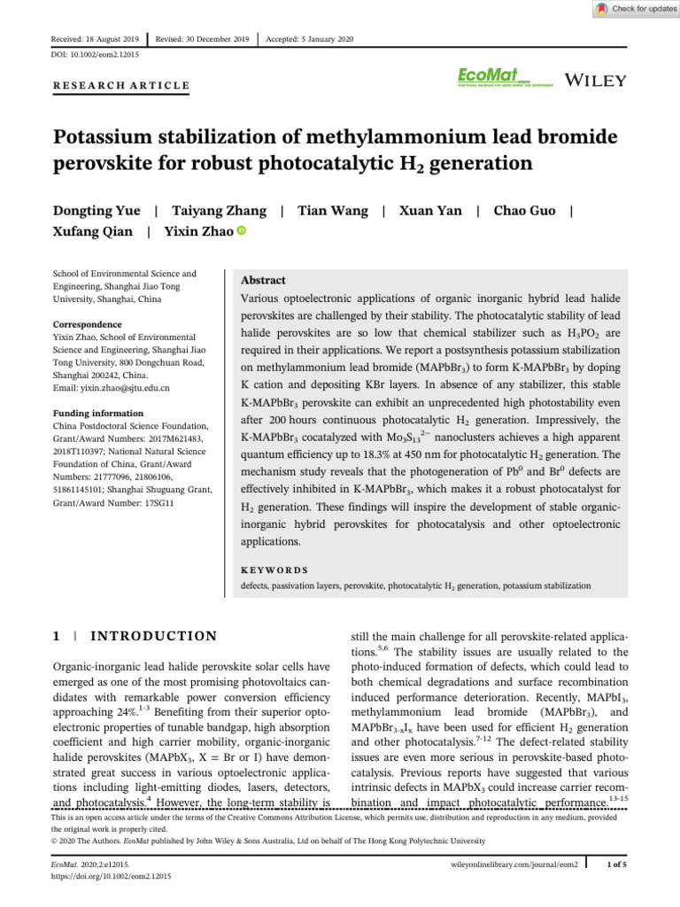 EcoMat - 2020 - Yue - Potassium Stabilization of Methylammonium Lead Bromide Perovskite For ...