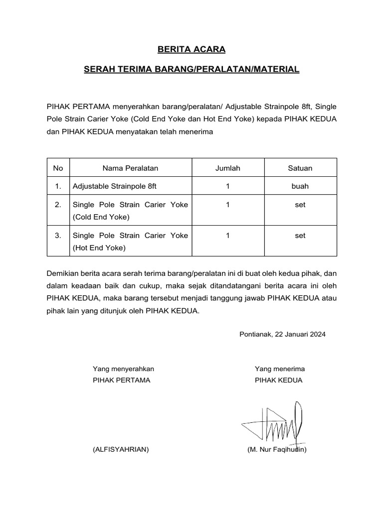 Berita Acara Penyerahan Peralatan Adjustable Dan Single Pole Strain ...