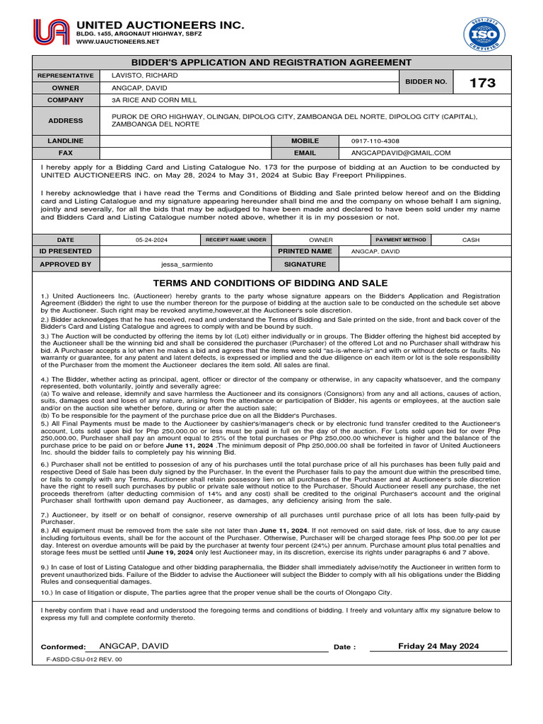 United Auctioneers Inc.: Bidder'S Application and Registration ...