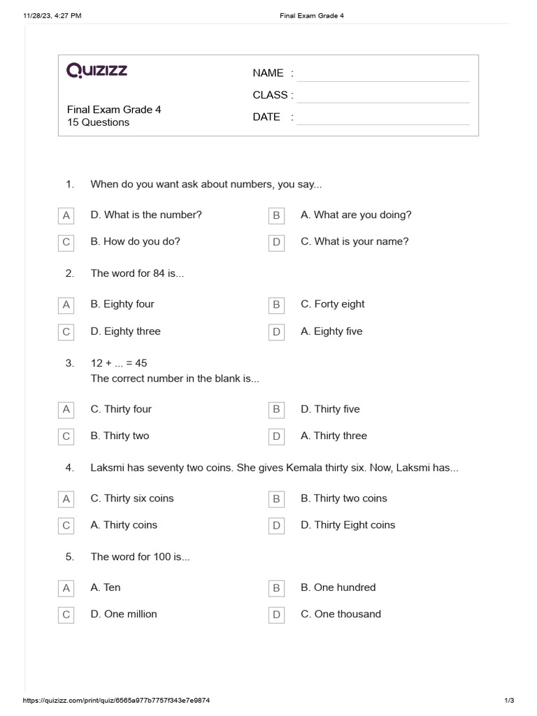 Final Exam Grade 4 | PDF | Room | Interior Design