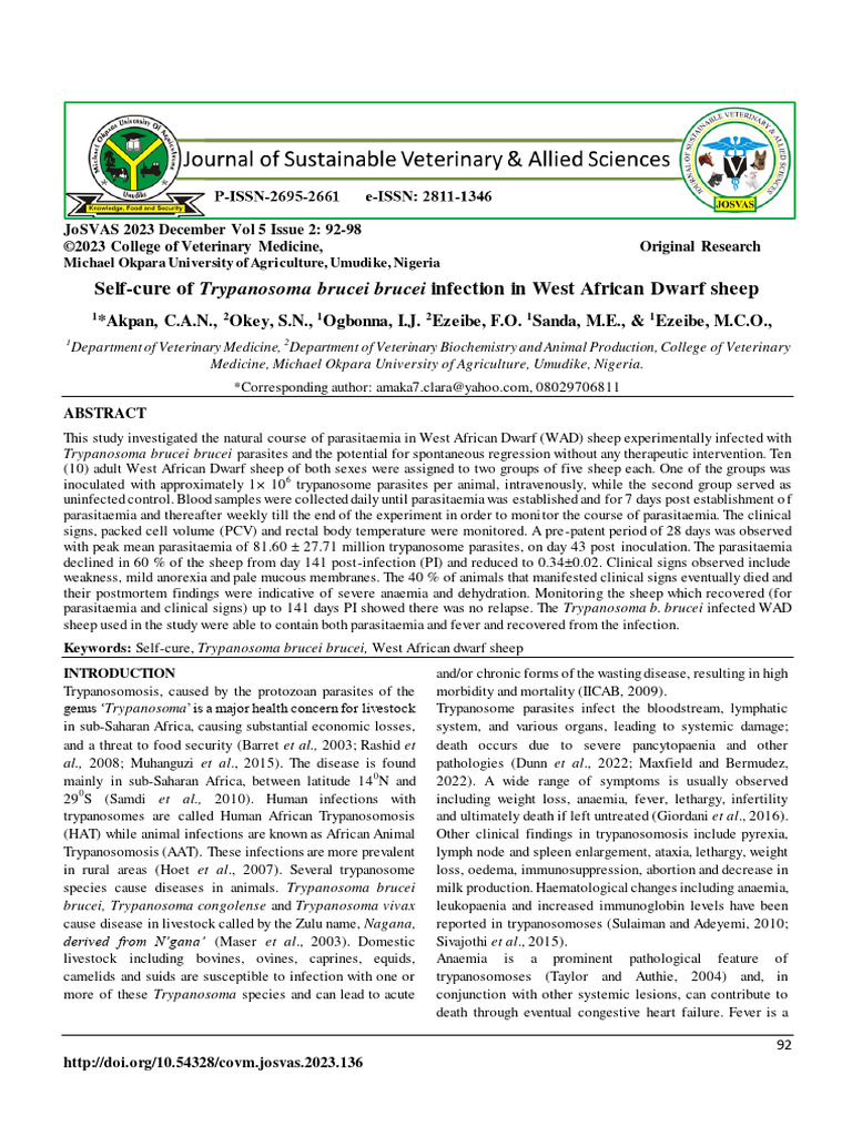 Self-Cure of Trypanosoma Brucei Brucei Infection in West African Dwarf ...