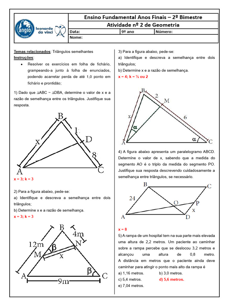 Geom Atividade2 9ef Bim2 Respostas | PDF | Triângulo | Geometria Euclidiana