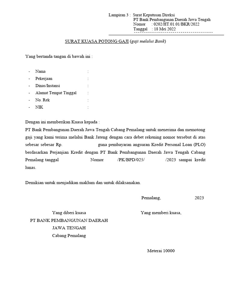 Lampiran 3 Surat Kuasa Potong Gaji MELALUI BANK | PDF