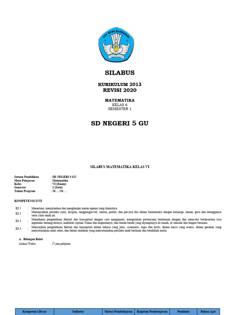Silabus Matematika Kelas 6 Sem 1 | PDF