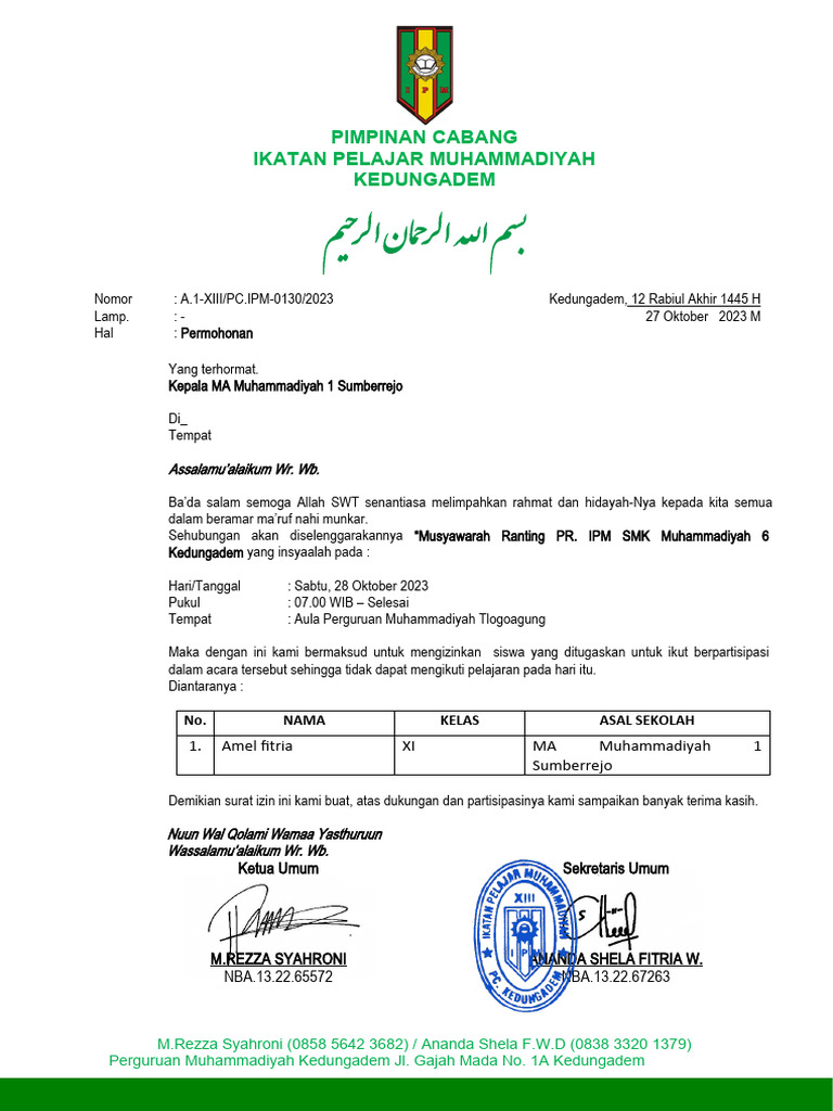 Izin Siswa untuk Musyawarah IPM 2023 | PDF