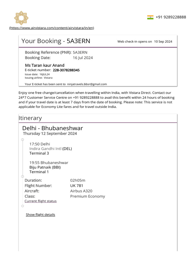 Vistara Flight Booking Details and Benefits | PDF