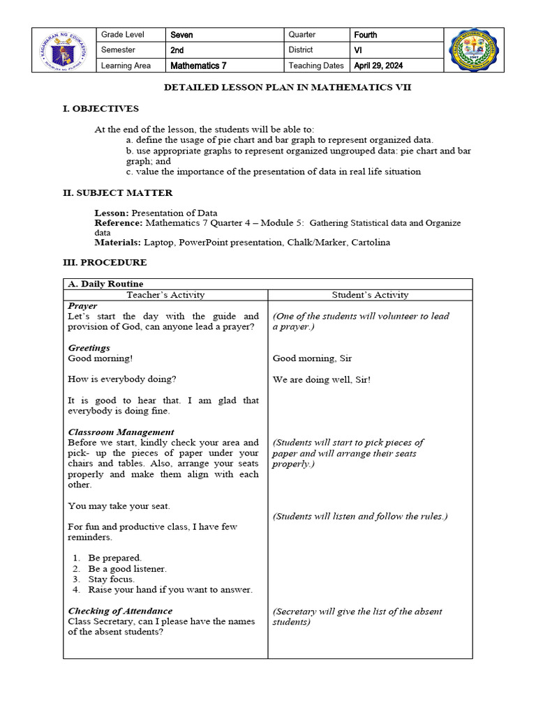 Lesson Plan: Data Presentation in Math 7 | PDF | Pie Chart | Sampling ...