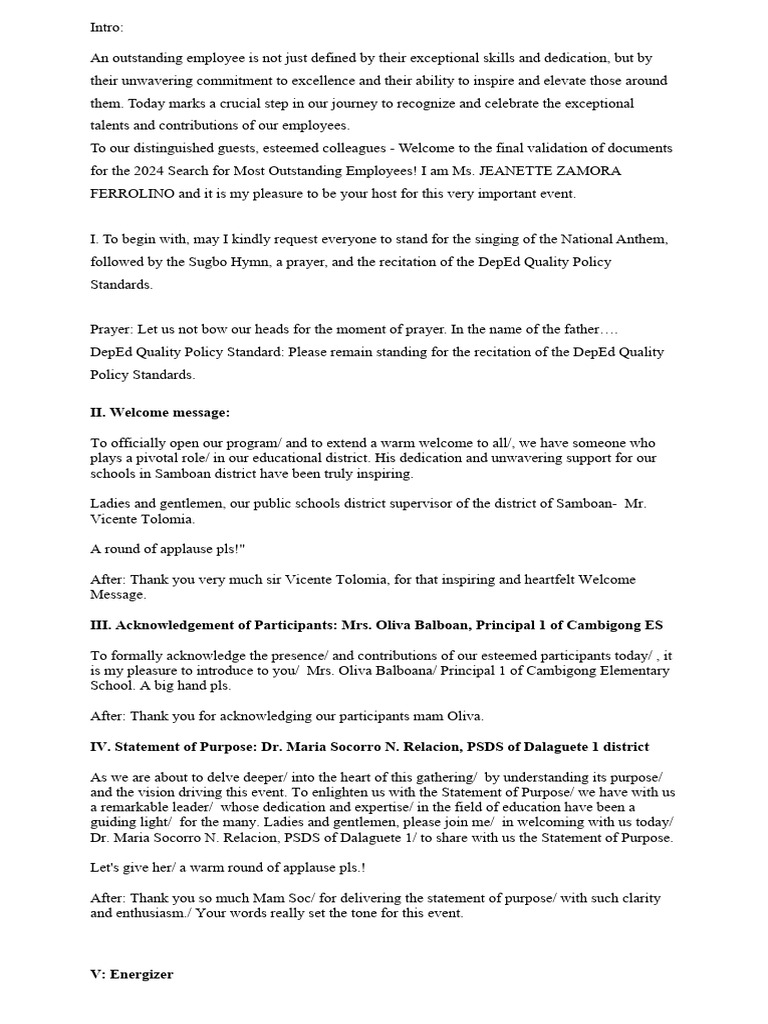 Emcee Script | PDF