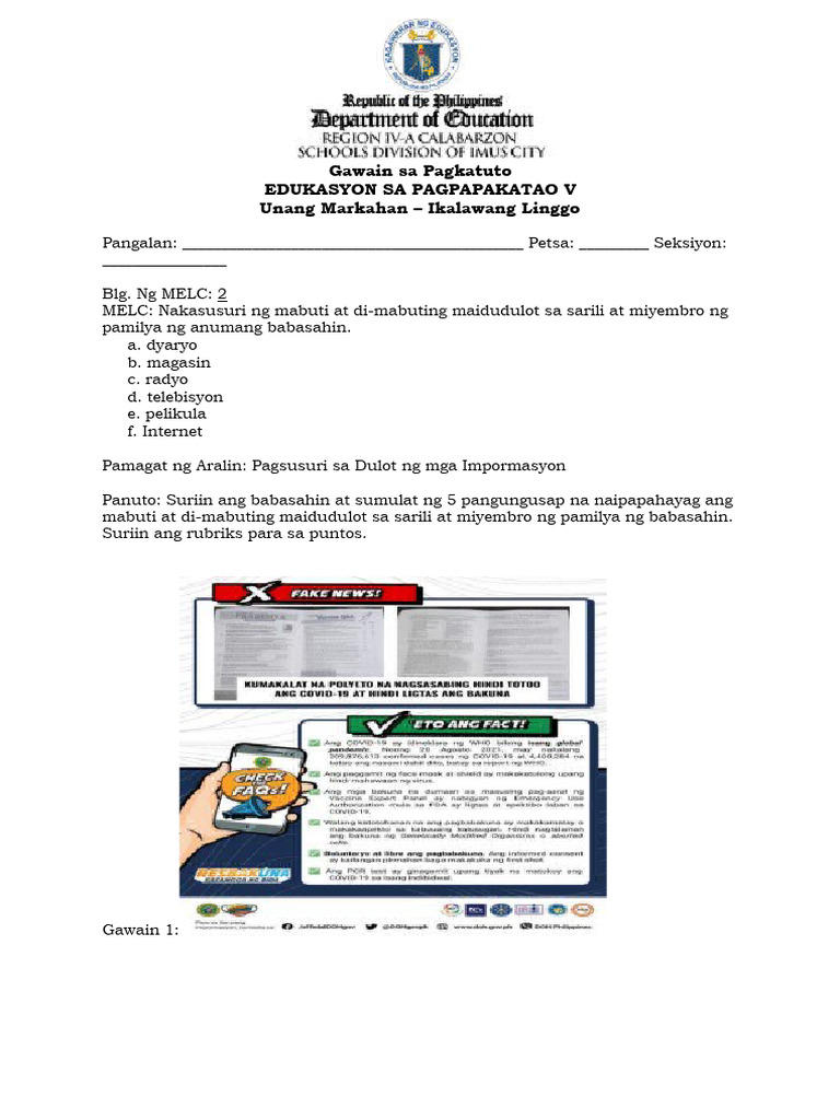 Gawain Sa Pagkatuto Edukasyon Sa Pagpapakatao V Unang Markahan - Ikalawang Linggo | PDF