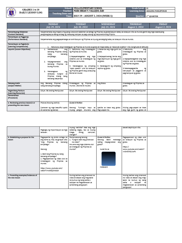 DLL - Araling Panlipunan 6 - Q1 - W1 | PDF