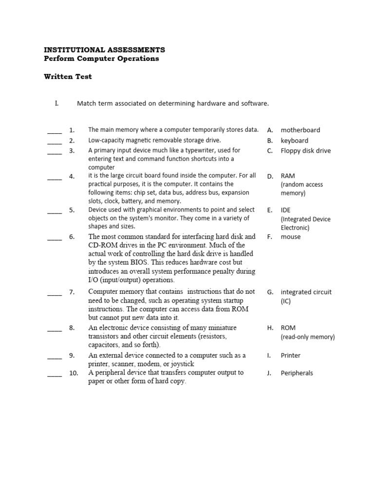 Institutional Assessment - Common - Perform Computer Operation | PDF | Random Access Memory ...