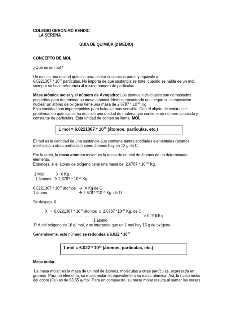 Guia de Ejercicios de Mol Masa Volumen y Particulas | PDF | Mole ...
