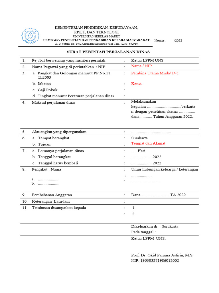 Surat Perintah Dinas LPPM UNS | PDF