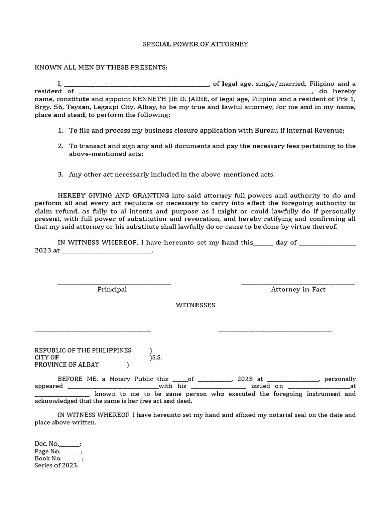 Special Power of Attorney - Bir Closure | PDF | Power Of Attorney ...
