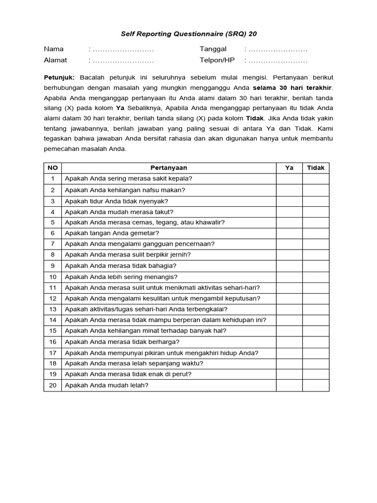 Kuesioner Self Reporting Questionnaire (SRQ) 20 | PDF