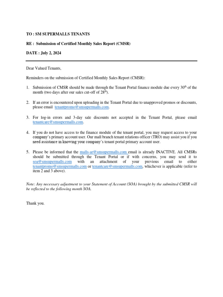 CMSR Submission Guidelines for Tenants | PDF