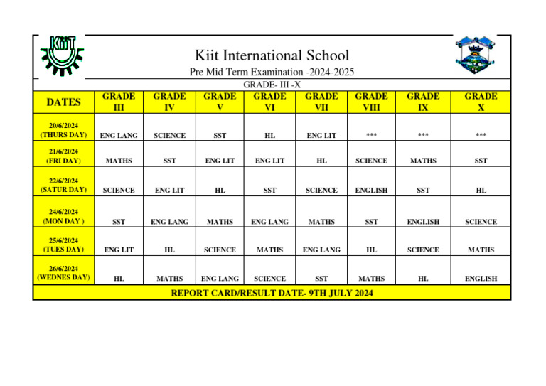 Pre Mid Exam Time Table For Session 2024-2025 | PDF