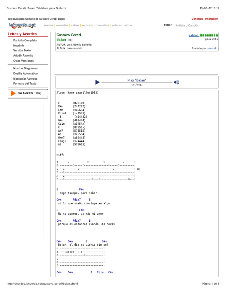 Gustavo Cerati, Bajan: Tablatura para Guitarra | PDF