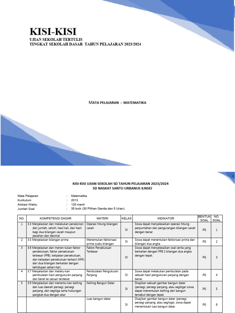Kisi-Kisi Soal Us Matik | PDF