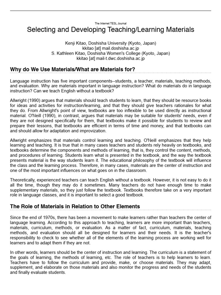 Kitao - Selecting and Developing Teaching - Learning Materials (TESL ...