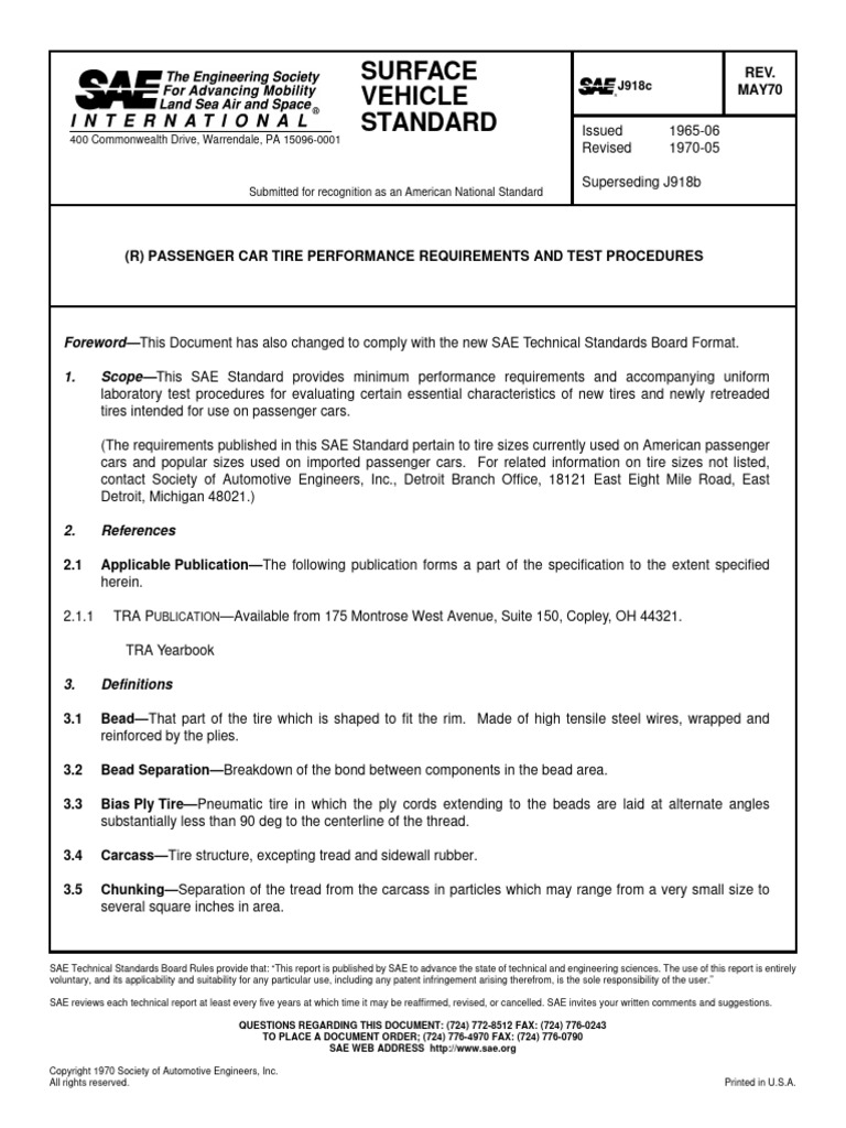 Sae - Passenger Car Tire Performance Requirements and Test Procedures ...