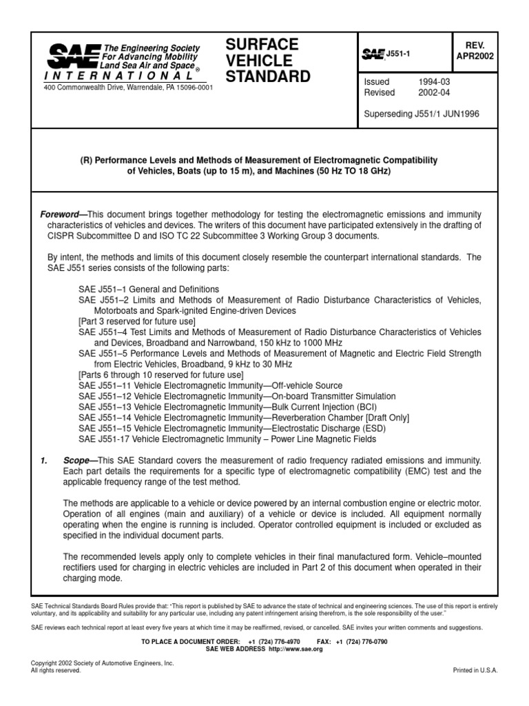 Sae - Performance Levels and Methods of Measurement of Electromagnetic ...