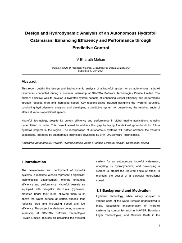 Design And Hydrodynamic Analysis Of An Autonomous Hydrofoil Catamaran Enhancing Efficiency And