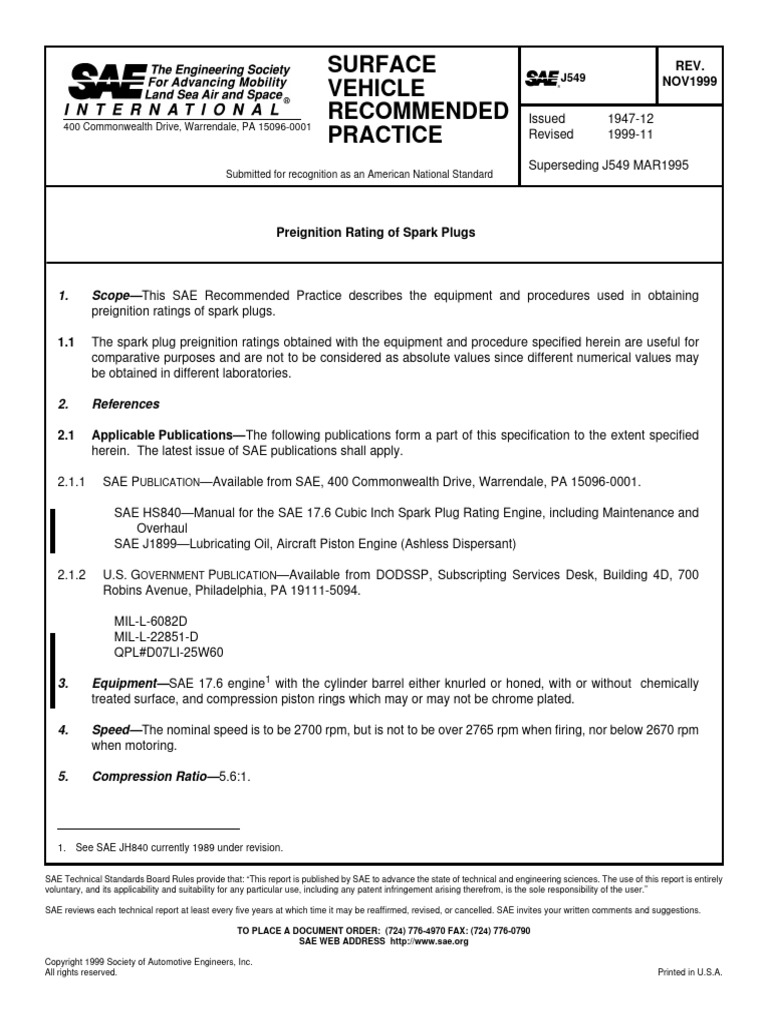 Sae - Preignition Rating of Spark Plugs | PDF | Fuel Injection | Gasoline