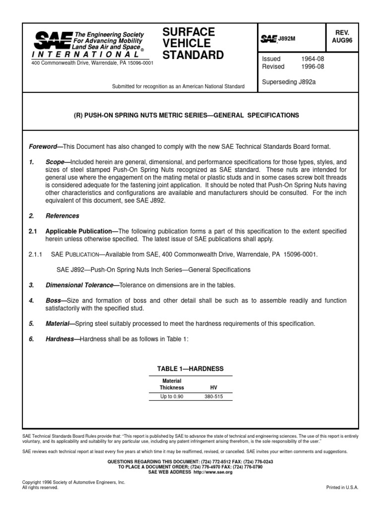Sae - Push-On Spring Nuts Metric Series-General Specifications | PDF ...