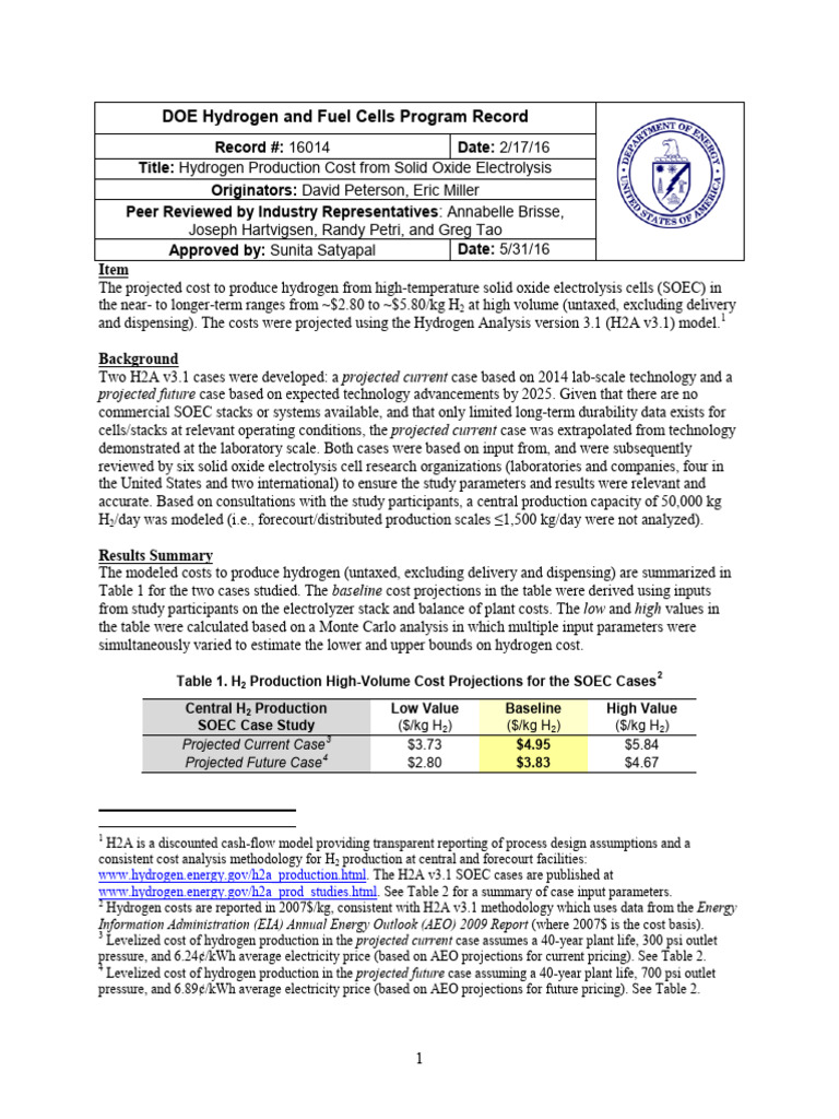 H2 Production Cost Solid Oxide Electrolysis Pdf Sensitivity Analysis Heat