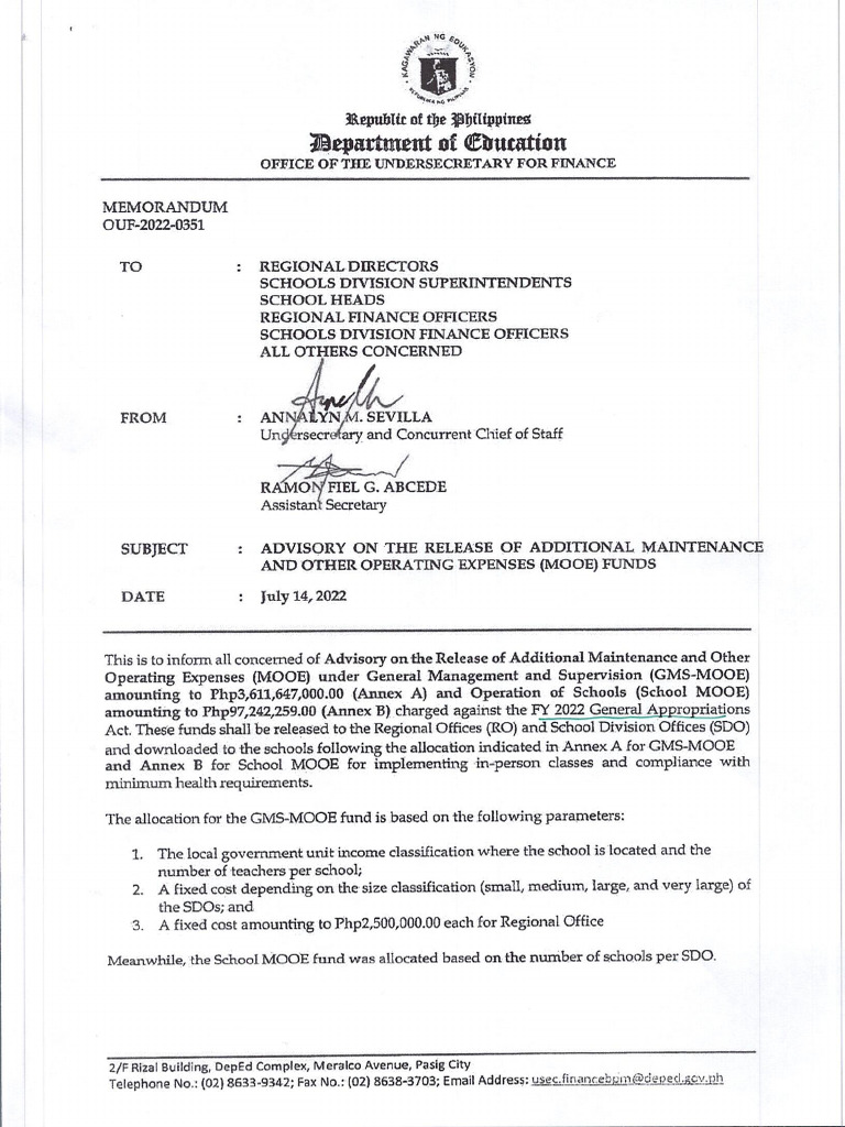 Ouf Memo 0351 Additional Maintenance Mooe Funds 0001 | PDF