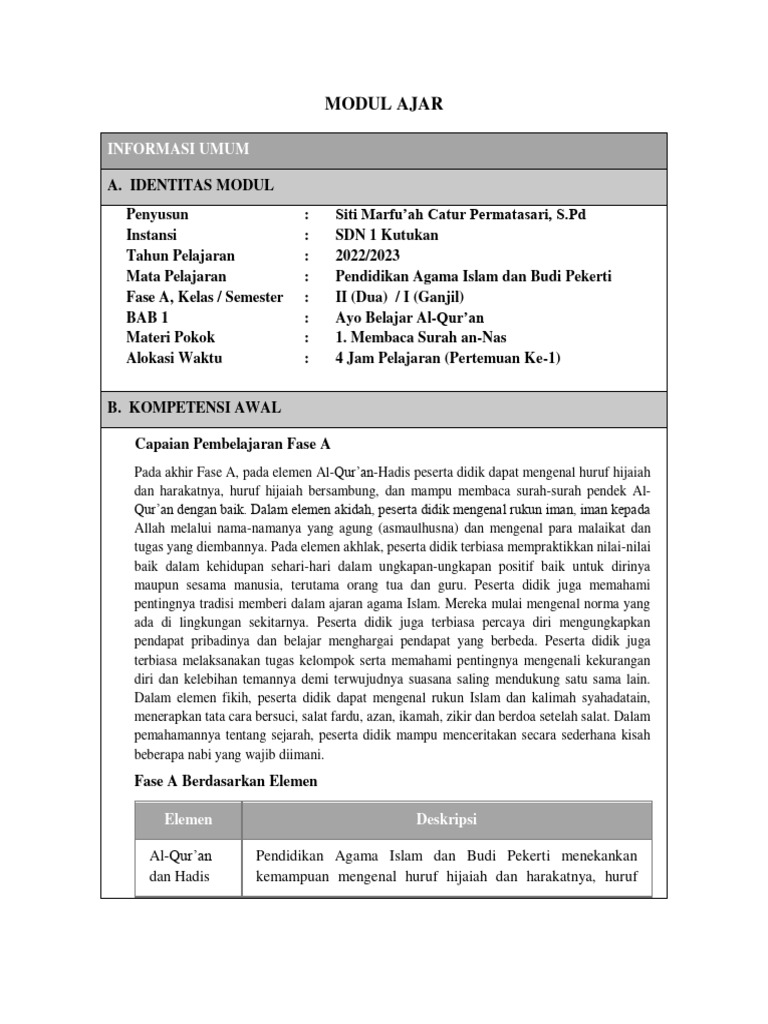 MODUL AJAR KLS 1 SEM 2 22 23 Membaca Surah An-Nas - Compressed | PDF