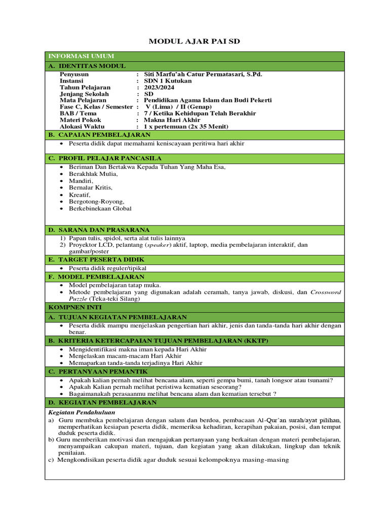 MODUL AJAR PAI Makna Hari Akhir Kelas 5 Sem 2 23 24 | PDF | Seni | Sains & Matematika